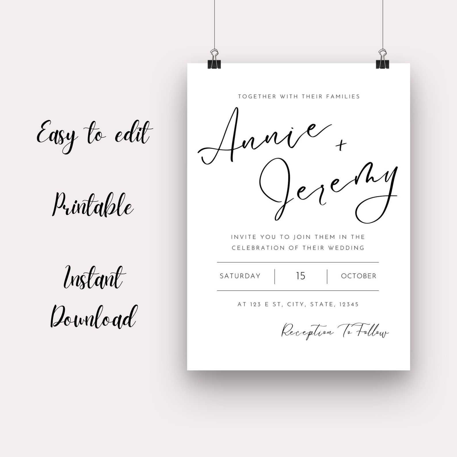 Cursive Wedding Invitation Template Simple Elegant White Calligraphy ...