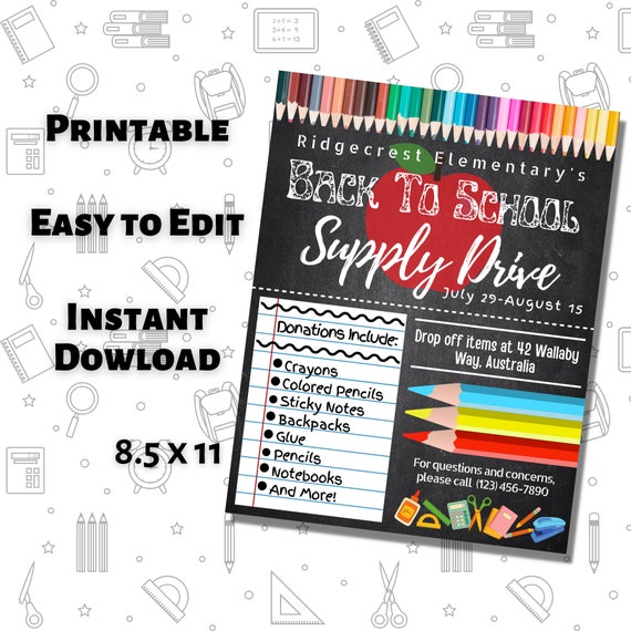 Back to School Supply Drive Flyer Printable Editable Instant - Etsy