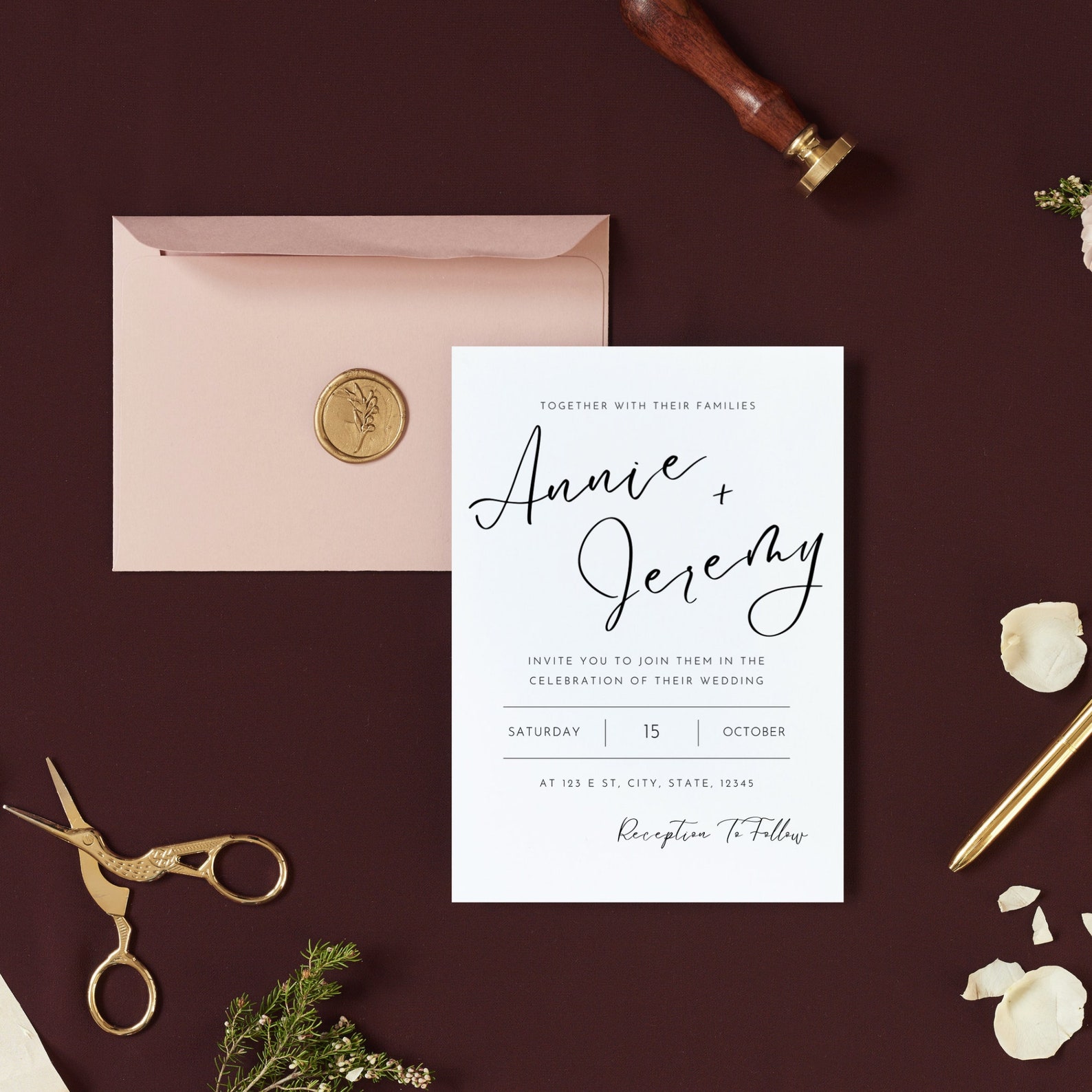 Cursive Wedding Invitation Template Simple Elegant White Calligraphy ...