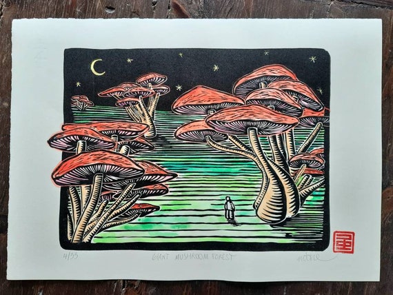 Original Linocut Print GIANT MUSHROOM FOREST Fantasy Art - Etsy