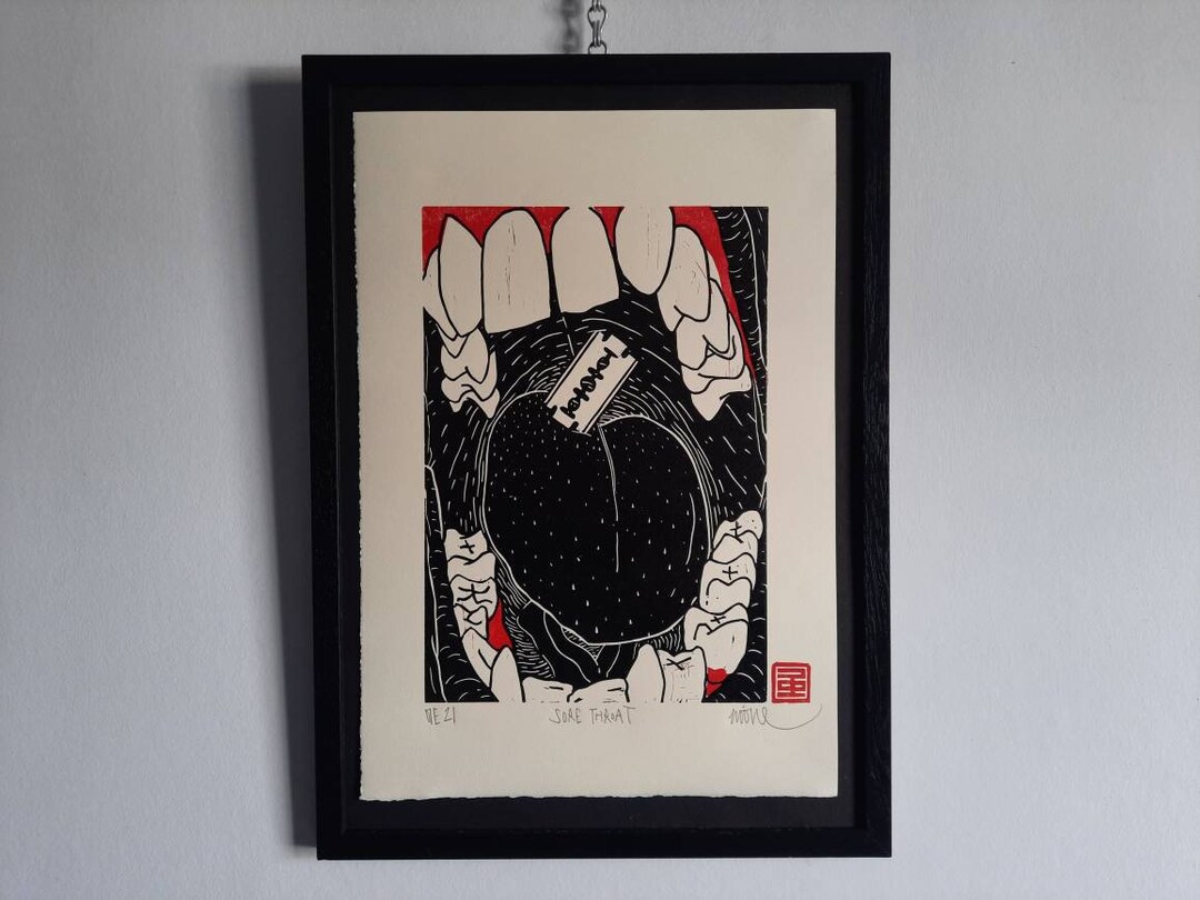 Original Linocut Print SORE THROAT Teeth Drawing, Razor Blade Art, Dark ...