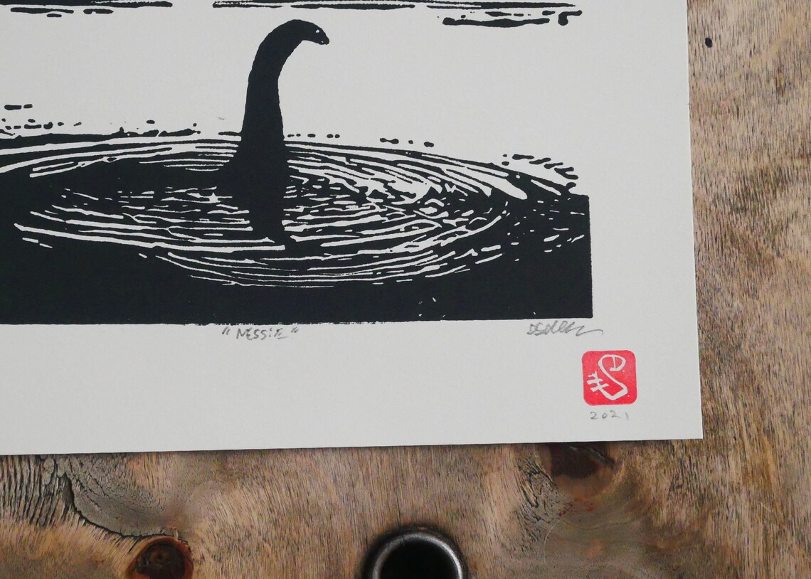 Original Art Linocut Print Nessie the Loch Ness Monster Limited Edition ...