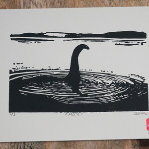 Original Art Linocut Print Nessie the Loch Ness Monster Limited Edition ...