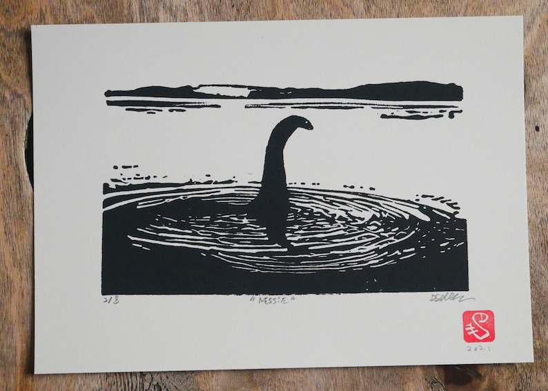 Original Art Linocut Print Nessie the Loch Ness Monster Limited Edition ...