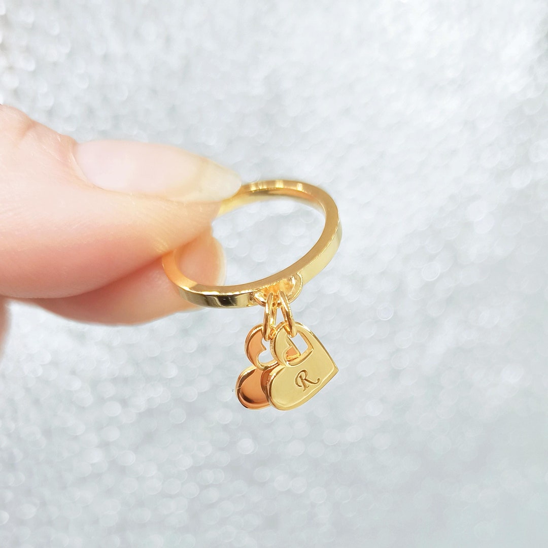 Custom Signet Ring Dangle Heart Initial Personalized Gift for Her ...