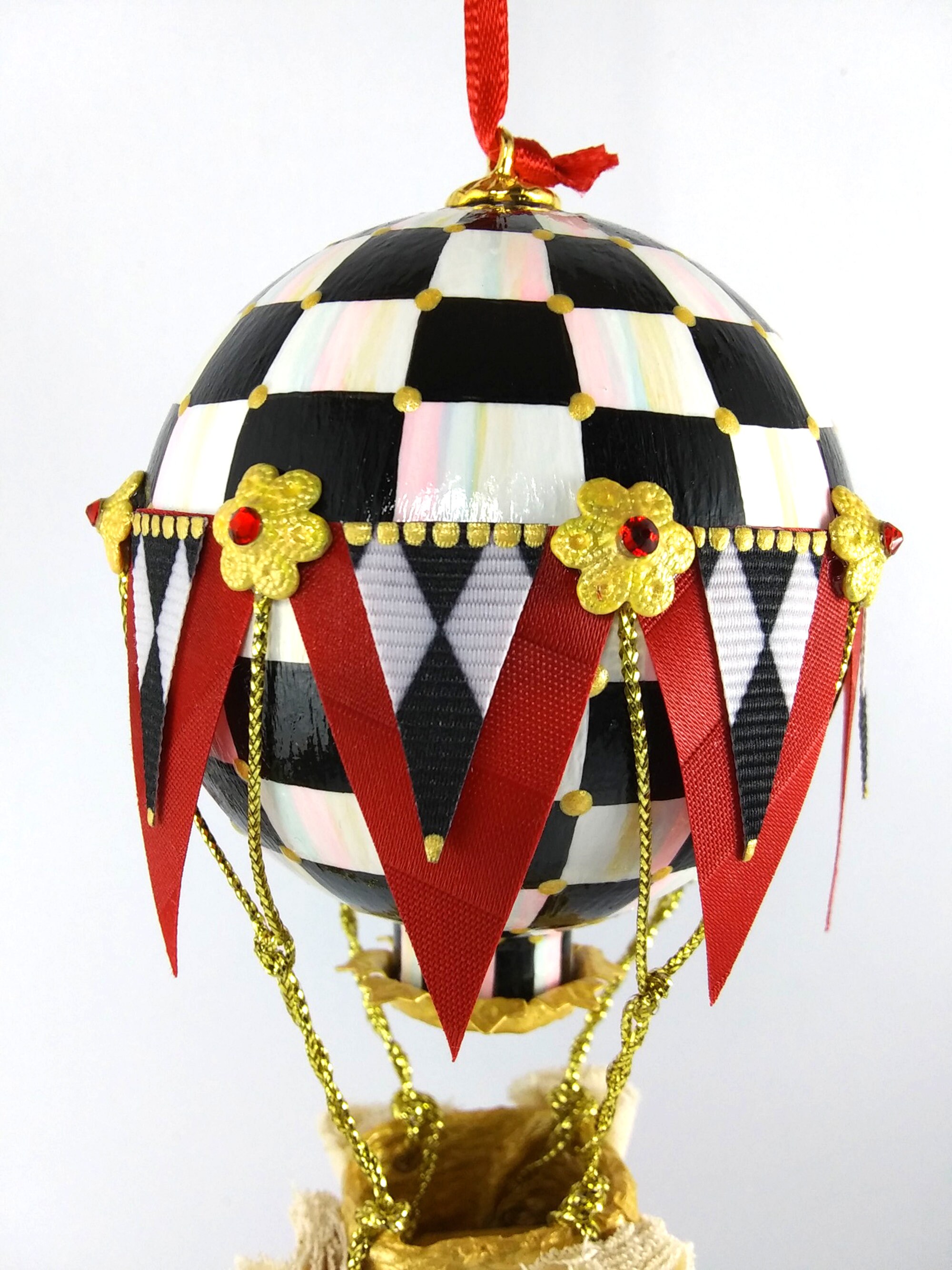 Black and White Check With Ruby Red Hot Air Balloon and Basket Glass ...