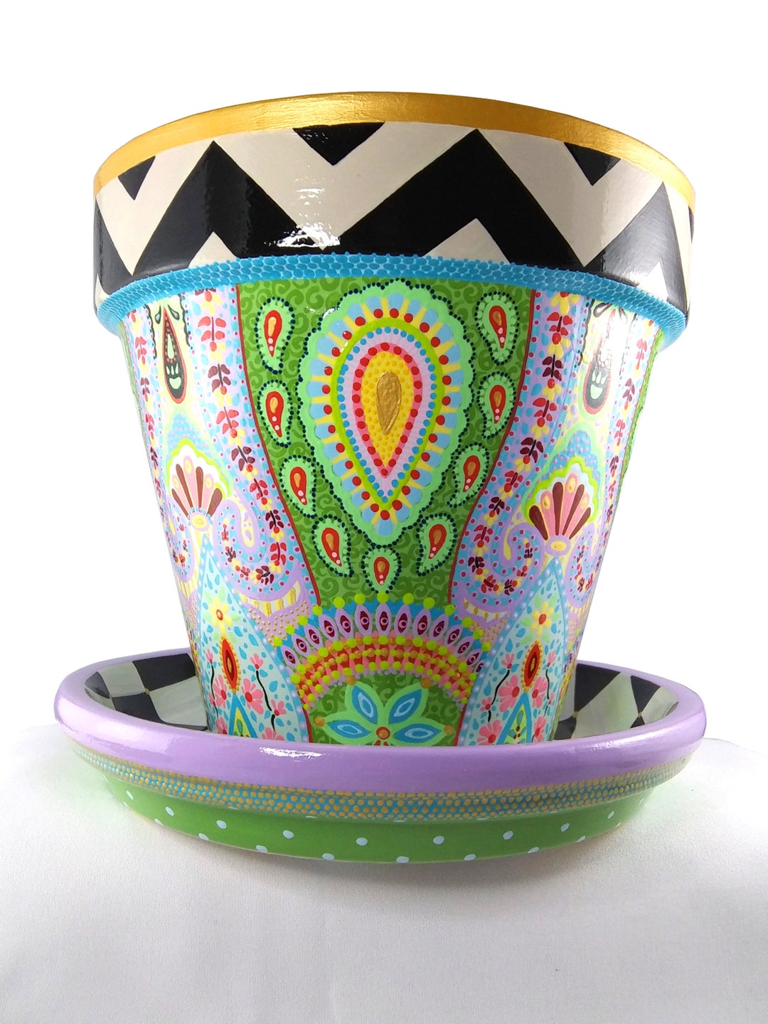 Sage Planter Flower Pot W/ Black and White Herringbone Trim Hand ...