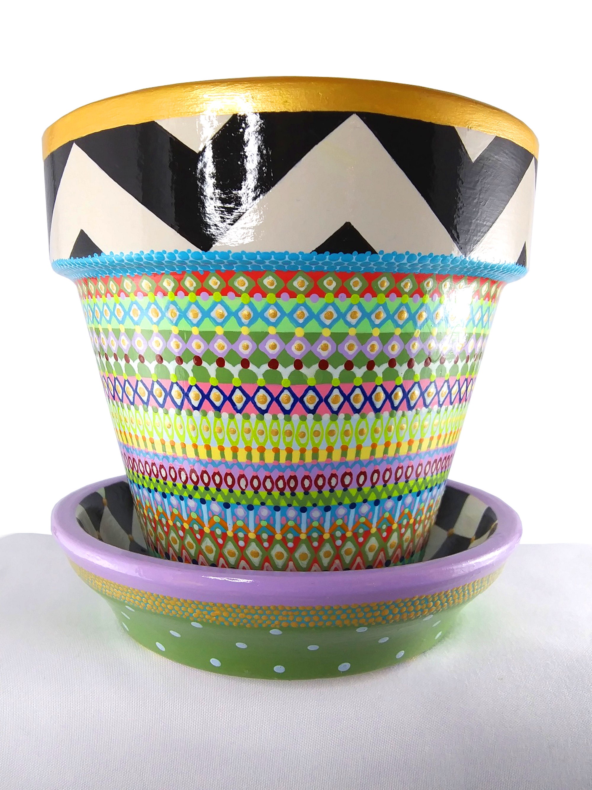 Mini Sage Planter Flower Pot Black and White Herringbone Trim Hand ...