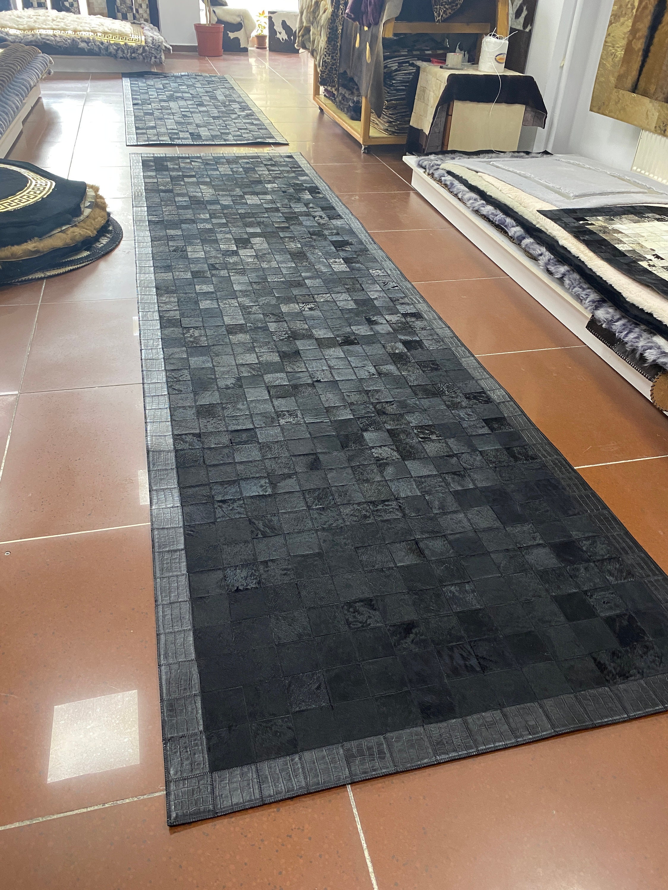 Black Runner Rug, Cowhide Rug, Kitchen Runner Rug, Handmade Patchwork ...