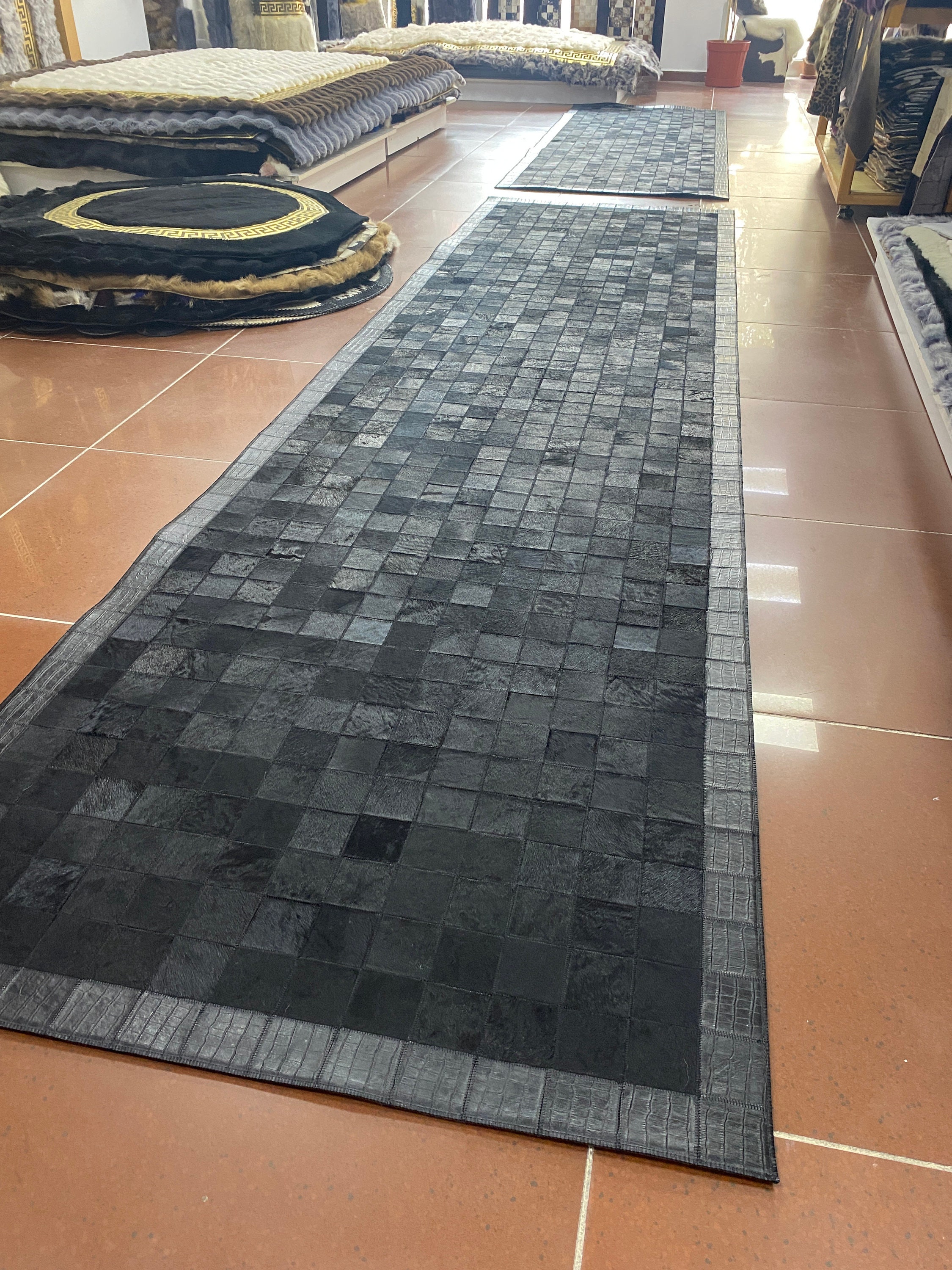 Black Runner Rug, Cowhide Rug, Kitchen Runner Rug, Handmade Patchwork ...