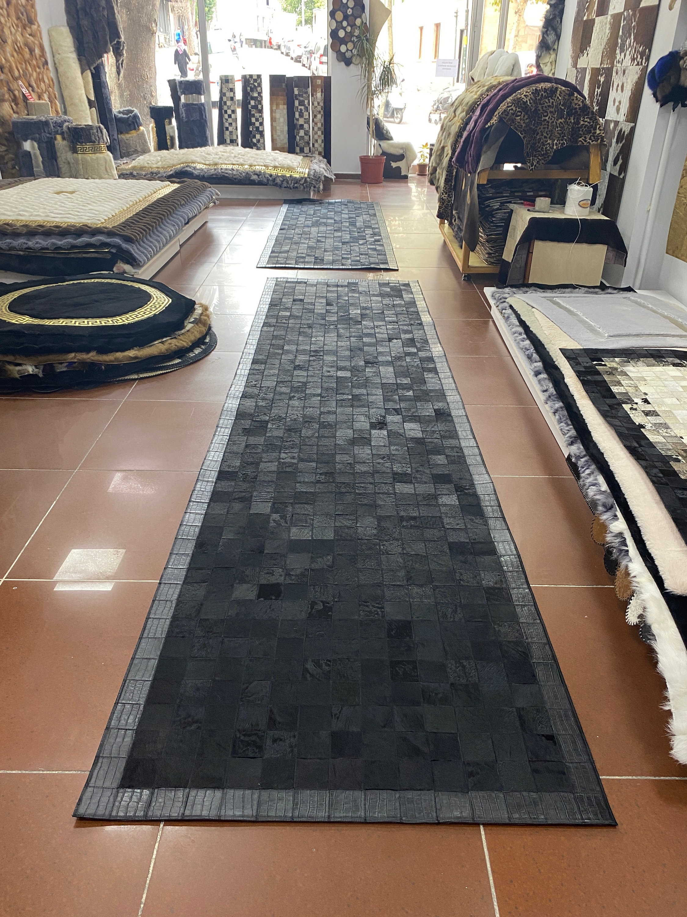 Black Runner Rug, Cowhide Rug, Kitchen Runner Rug, Handmade Patchwork ...