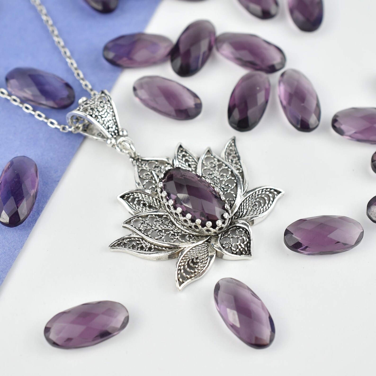 925 Sterling Silver Lotus Filigree Gemstone Necklace – Amethyst - Etsy