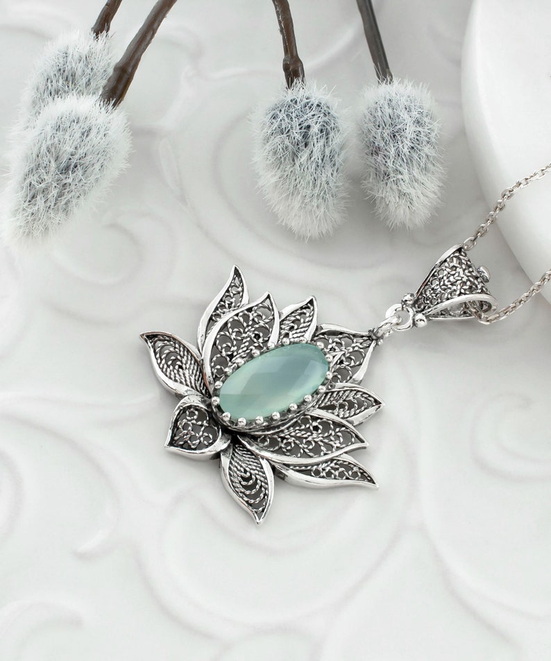 Sterling Silver Filigree Lotus Flower Aqua Chalcedony Women - Etsy