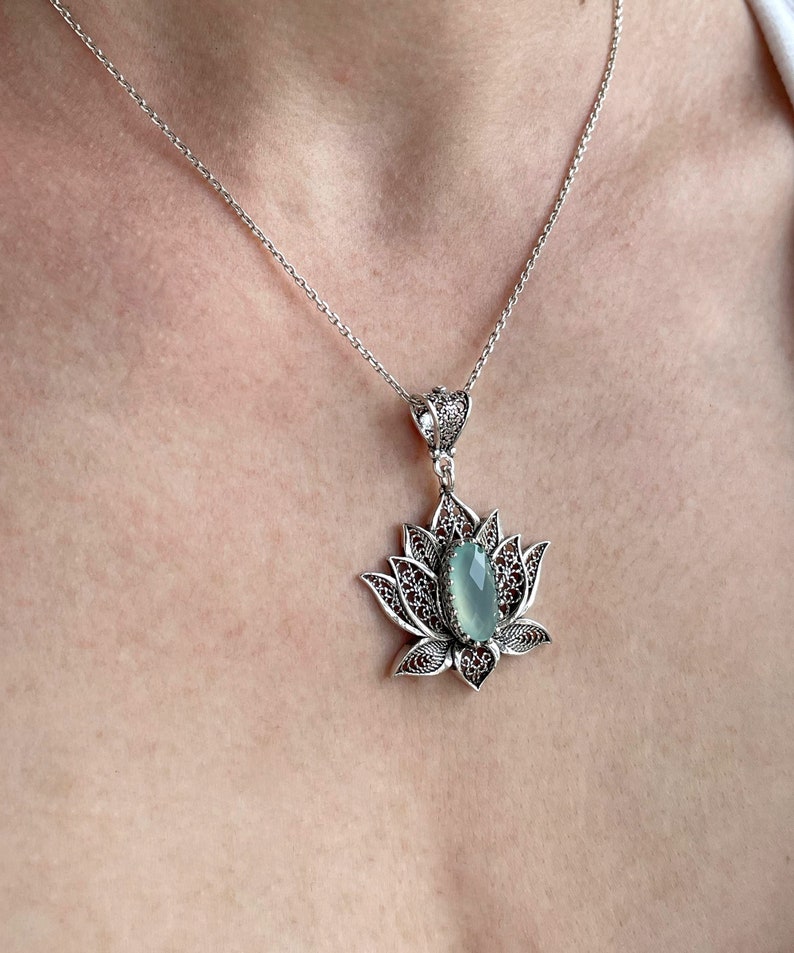 Sterling Silver Filigree Lotus Flower Aqua Chalcedony Women Pendant ...