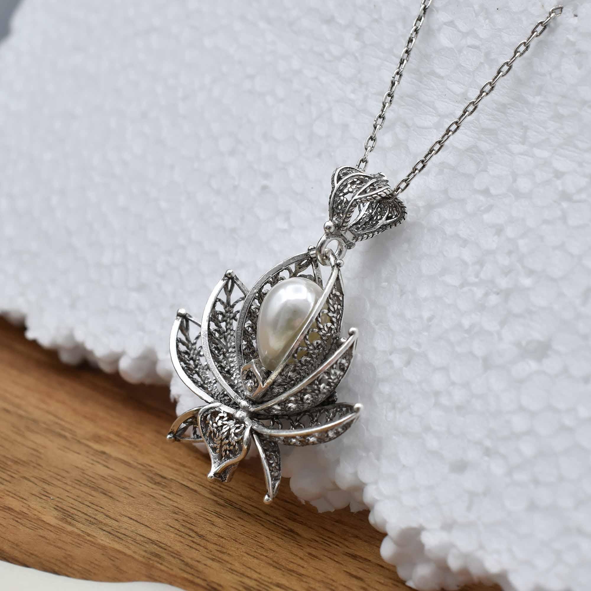 Pearl Sterling Silver Filigree Lotus Flower Pendant Necklace - Etsy