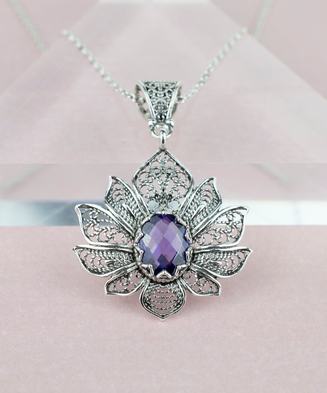 Sterling Silver Filigree Lotus Flower Amethyst Zircon Women Pendant ...