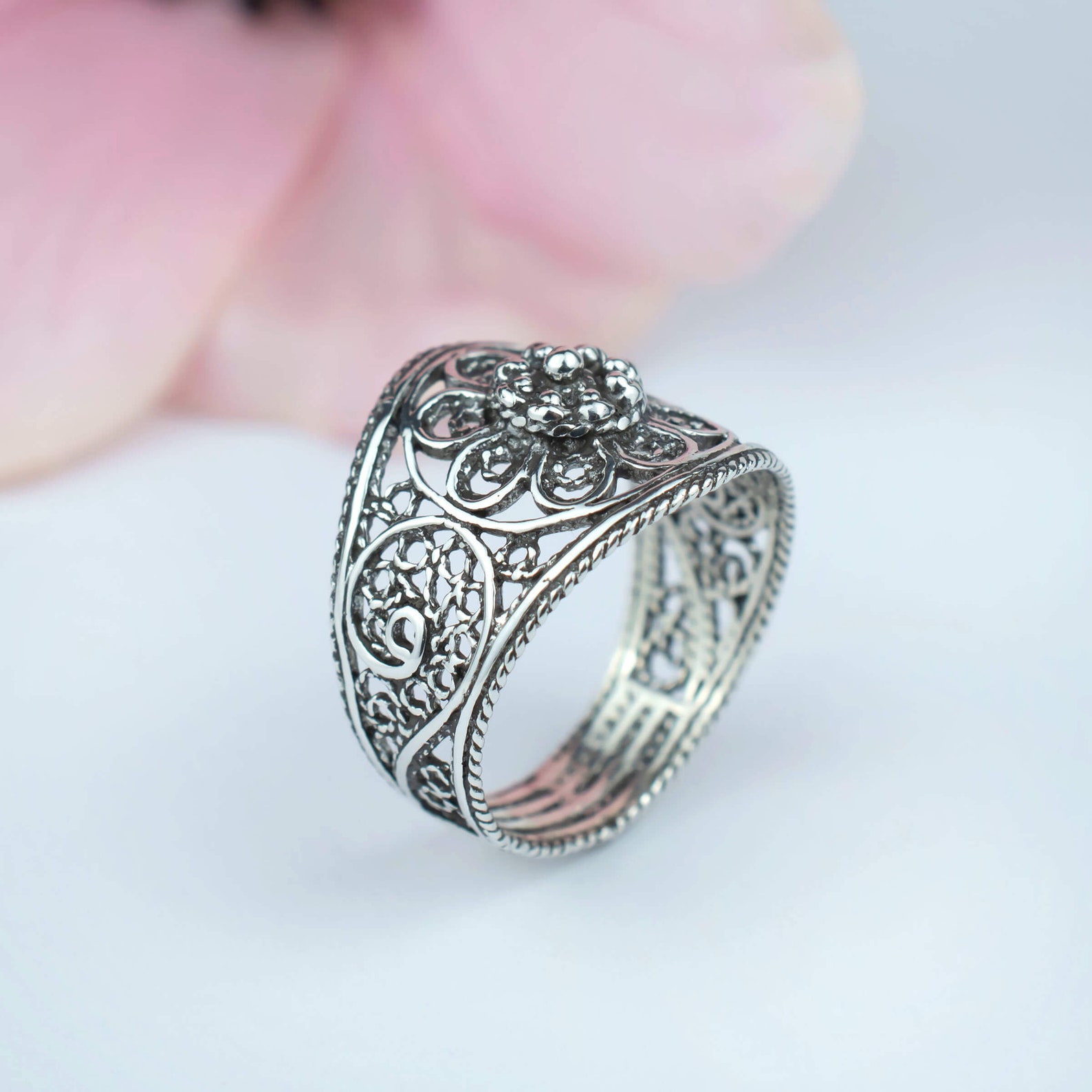 Sterling Silver Filigree Lace Women Dainty Ring Flower - Etsy