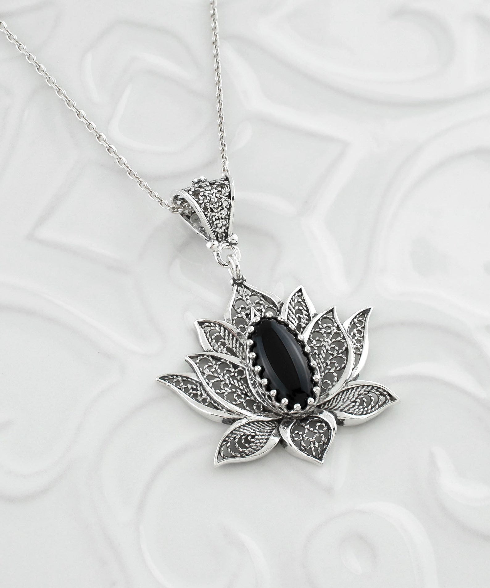 Sterling Silver Filigree Lotus Flower Aqua Chalcedony Women Pendant ...