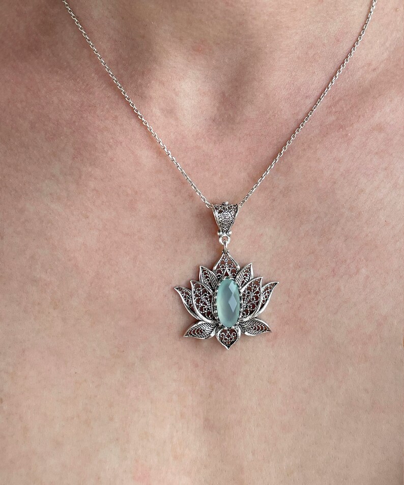 Sterling Silver Filigree Lotus Flower Aqua Chalcedony Women - Etsy