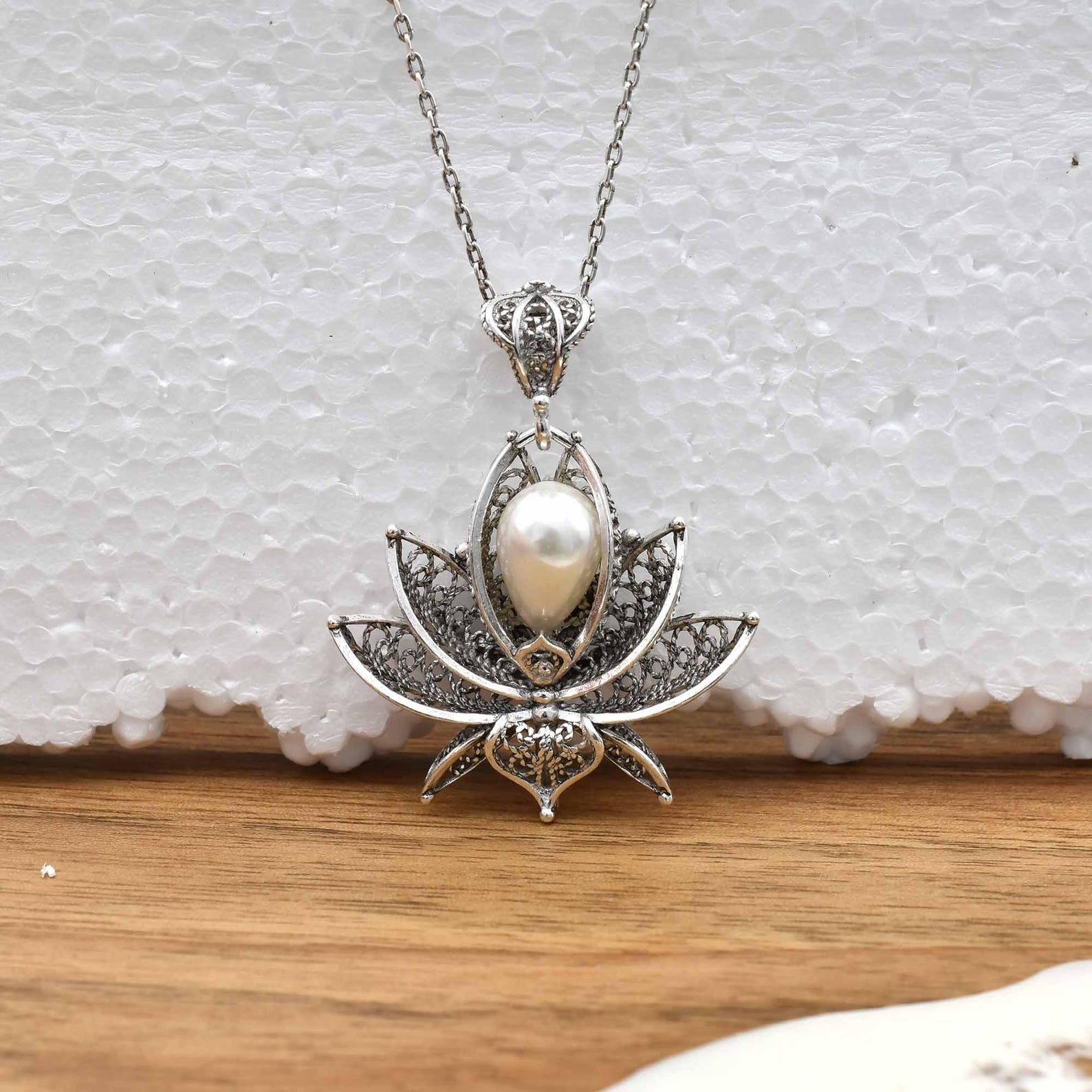 Pearl Sterling Silver Filigree Lotus Flower Pendant Necklace - Etsy