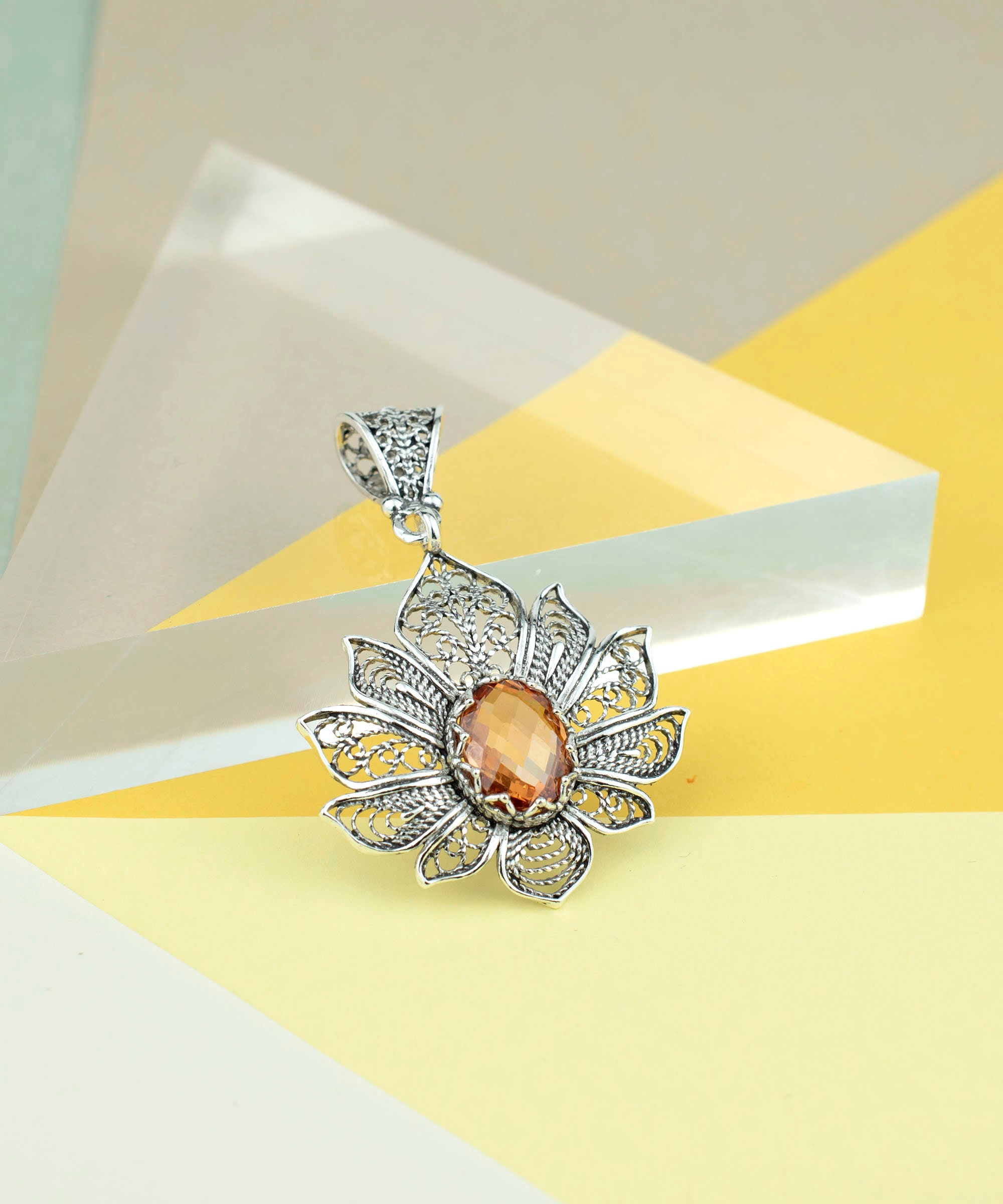 Sterling Silver Filigree Lotus Flower Orange Zircon Women Pendant ...