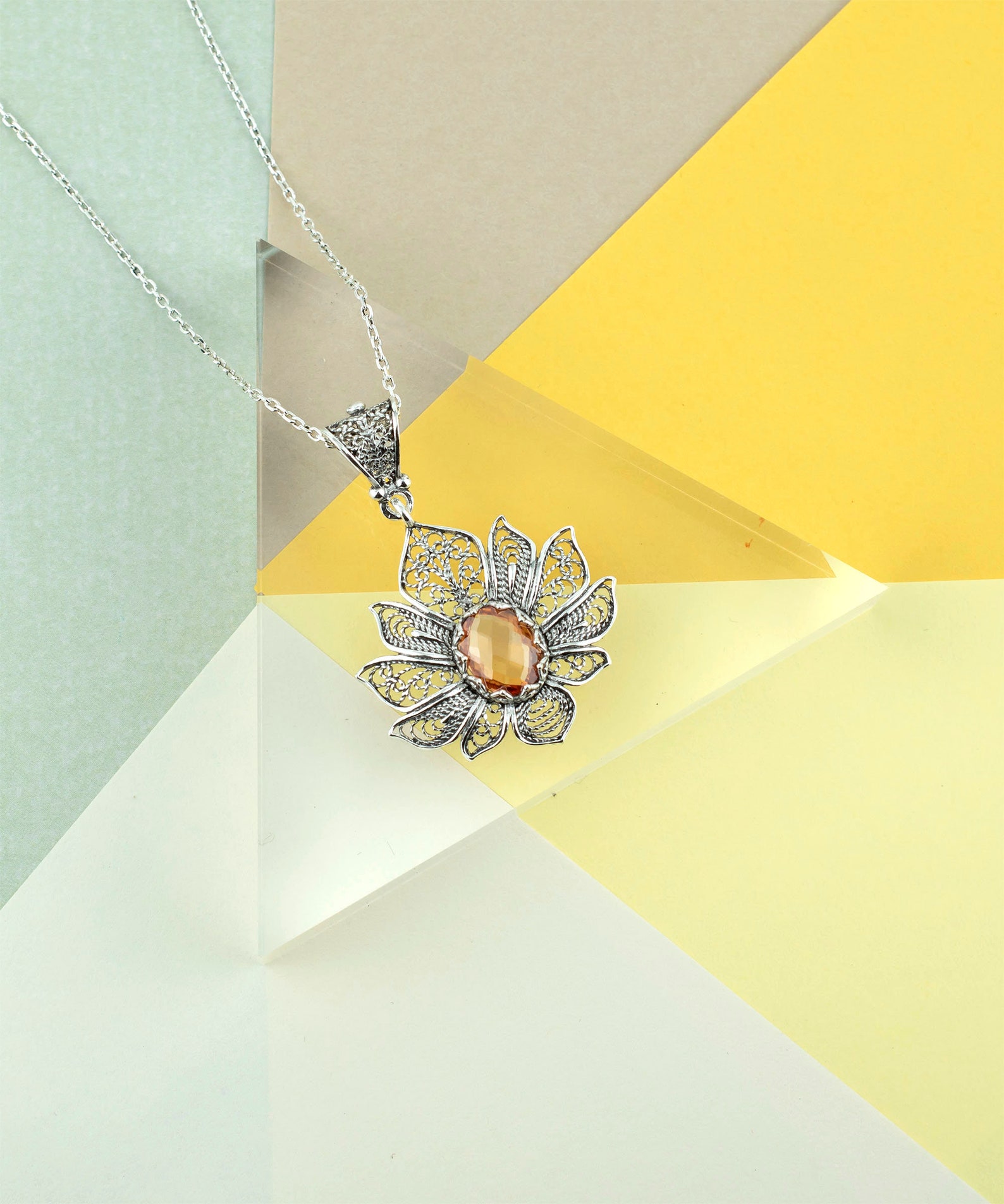 Sterling Silver Filigree Lotus Flower Orange Zircon Women Pendant ...