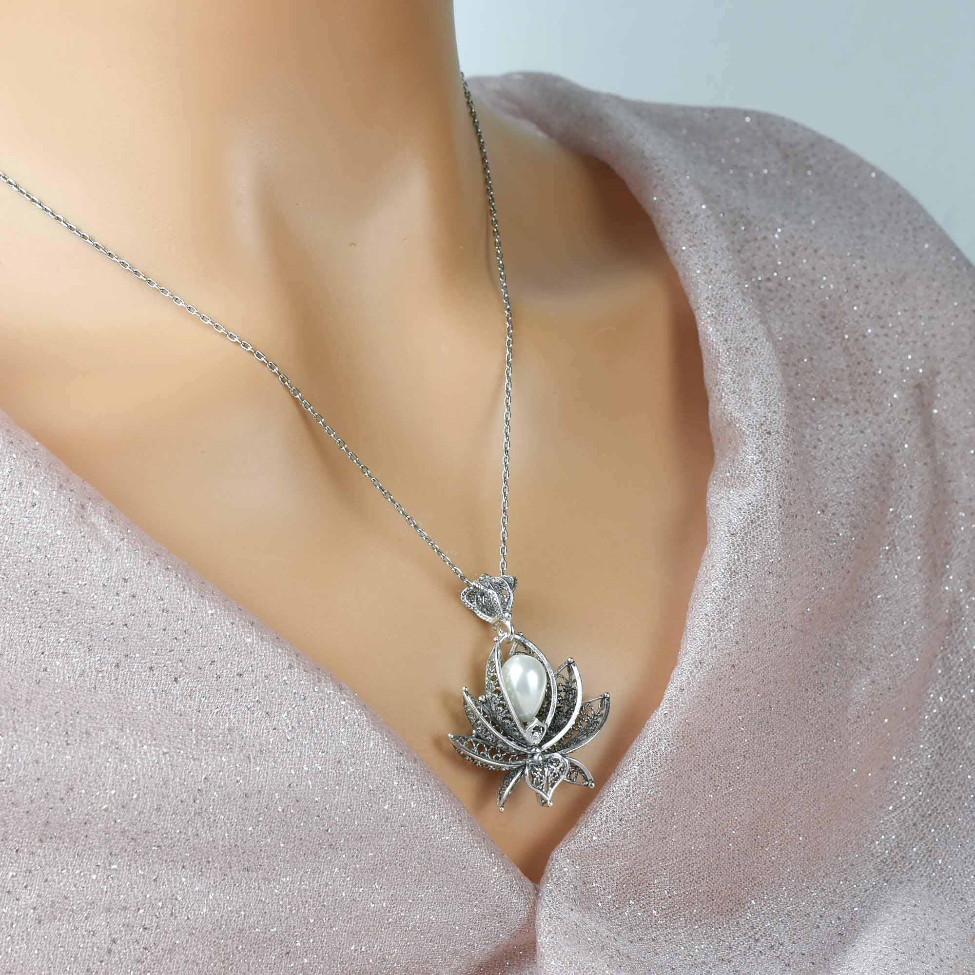 Pearl Sterling Silver Filigree Lotus Flower Pendant Necklace - Etsy