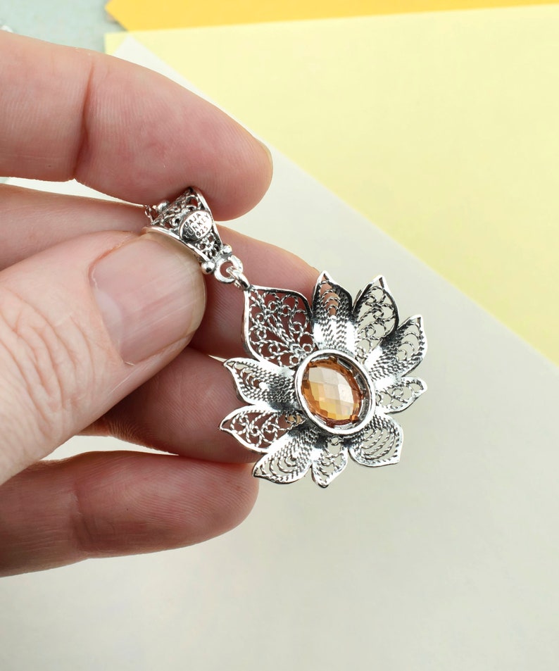 Sterling Silver Filigree Lotus Flower Orange Zircon Women Pendant ...