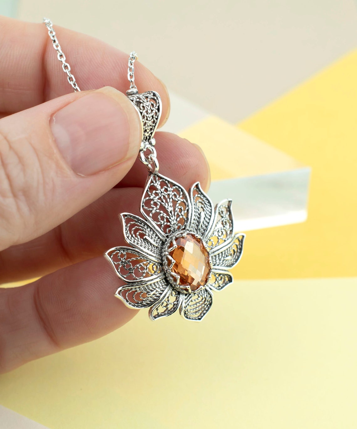 Sterling Silver Filigree Lotus Flower Orange Zircon Women Pendant ...