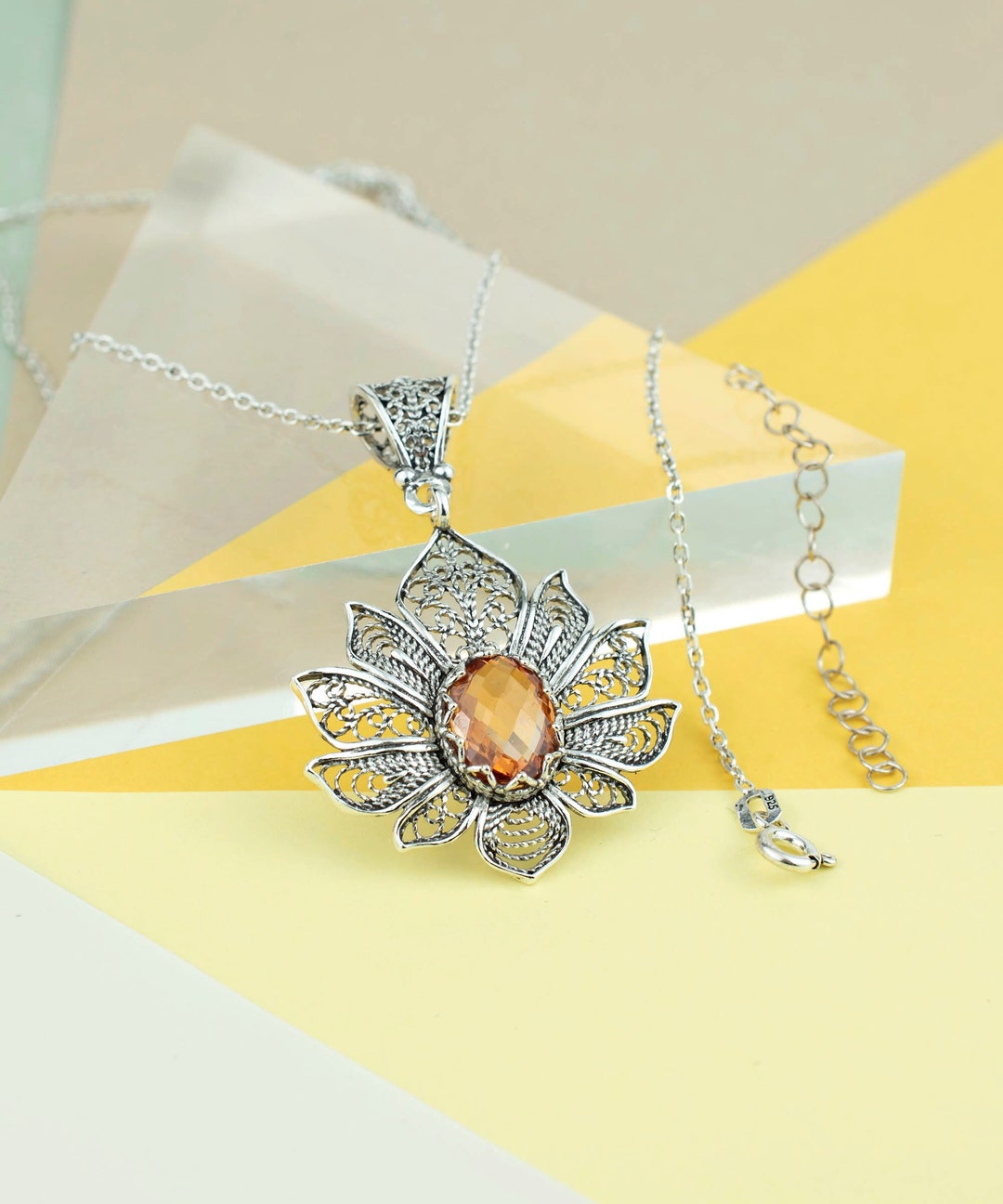 Sterling Silver Filigree Lotus Flower Orange Zircon Women Pendant ...