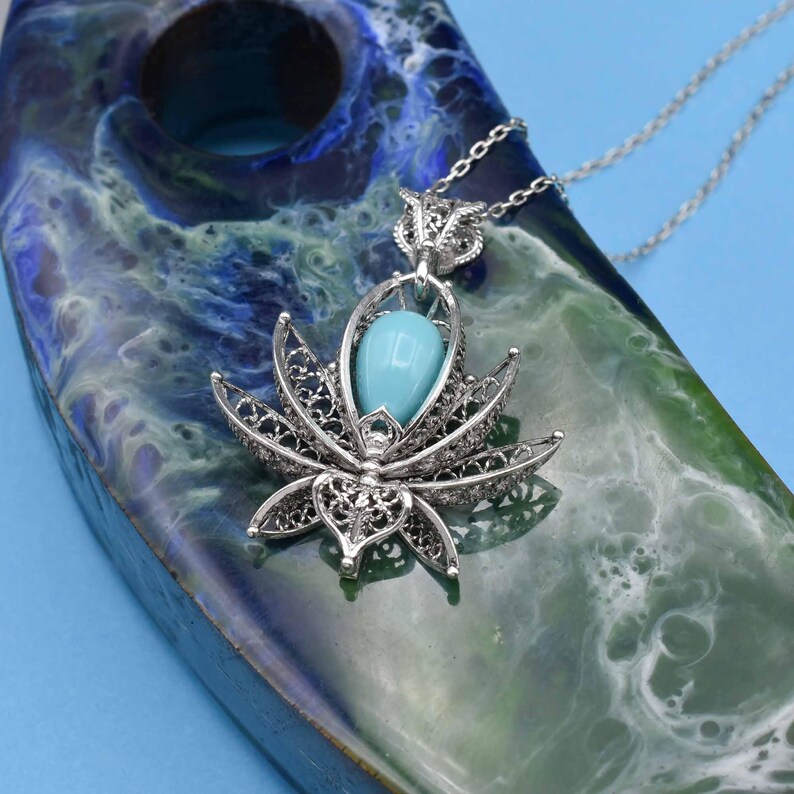 Turquoise Sterling Silver Filigree Lotus Flower Pendant Necklace - Etsy