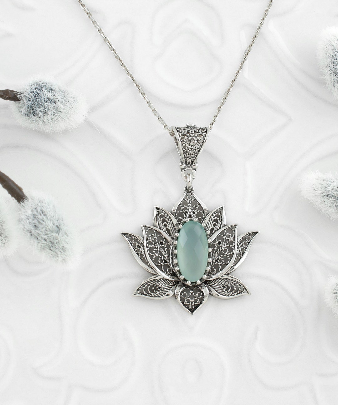 Sterling Silver Filigree Lotus Flower Aqua Chalcedony Women Pendant ...