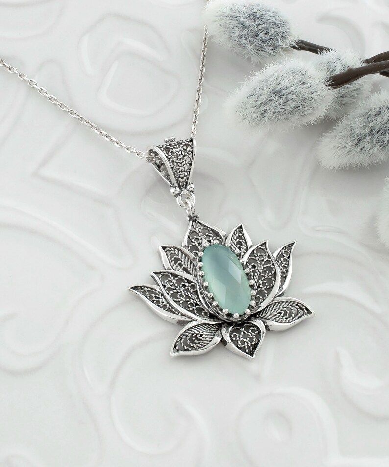 Sterling Silver Filigree Lotus Flower Aqua Chalcedony Women - Etsy