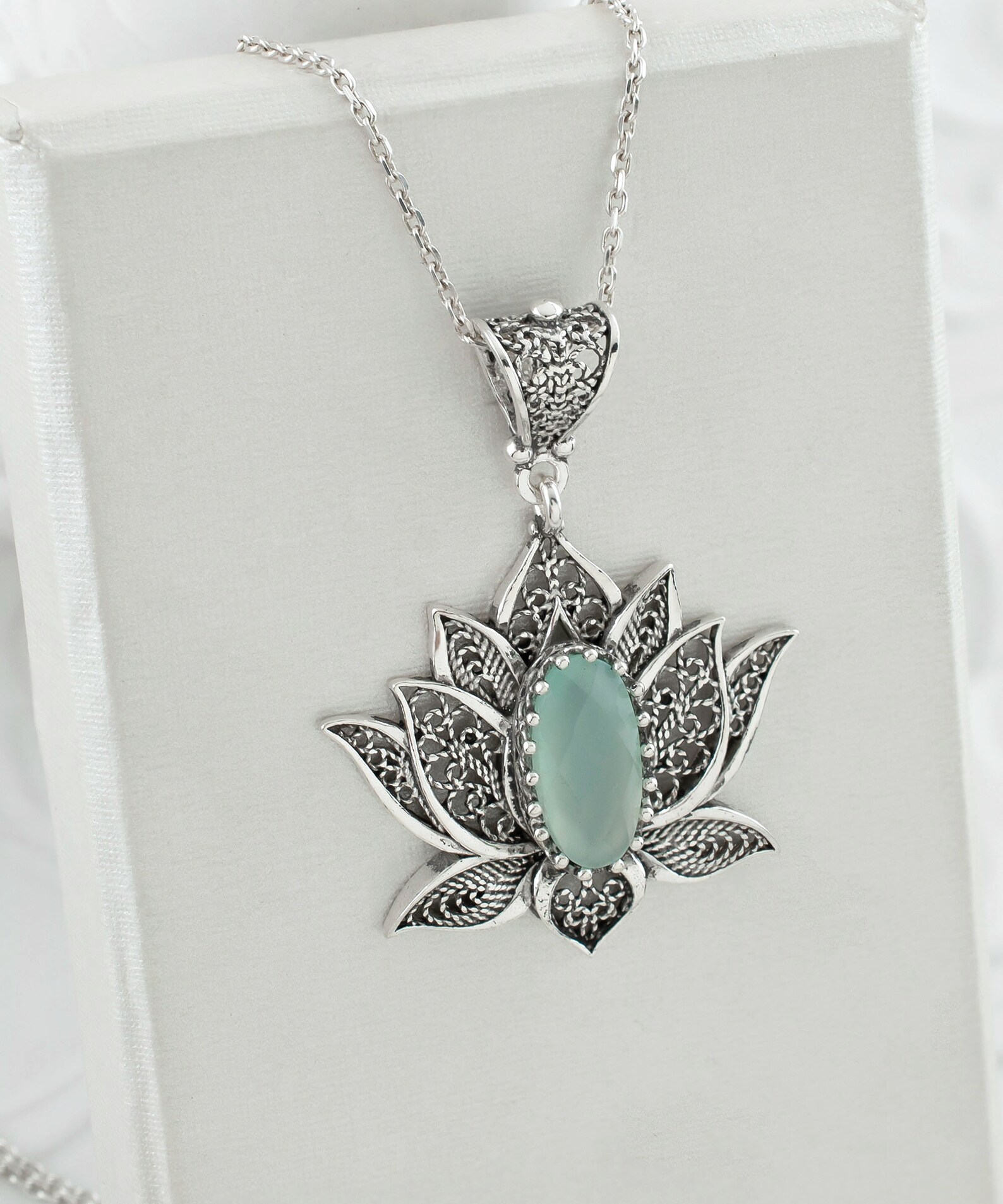 Sterling Silver Filigree Lotus Flower Aqua Chalcedony Women - Etsy