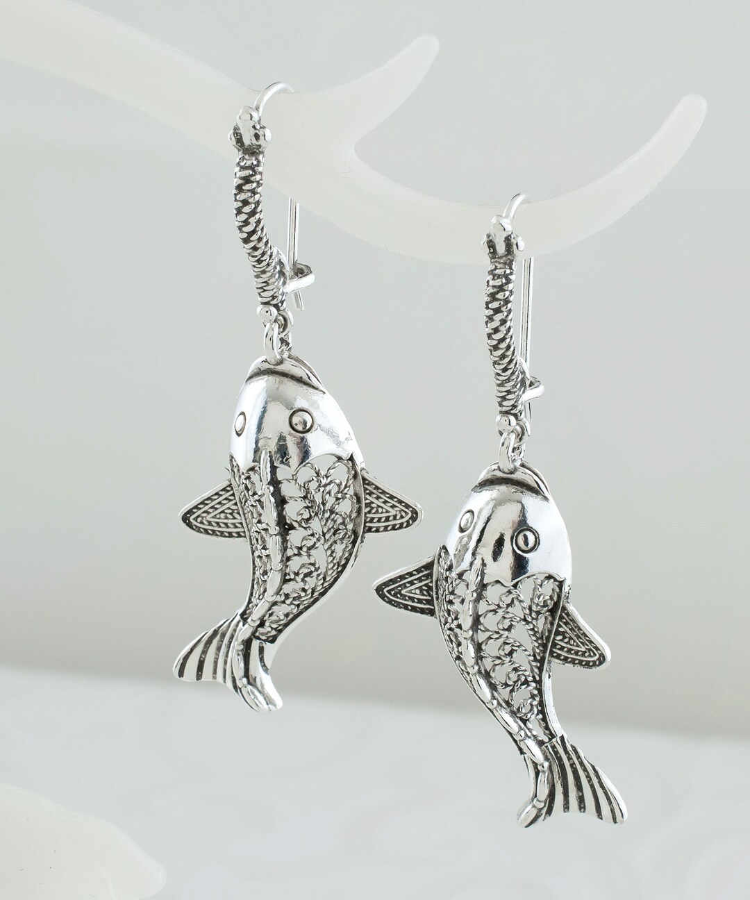 925 Sterling Silver Filigree Art Fish Dangle Drop Earrings, Solid ...