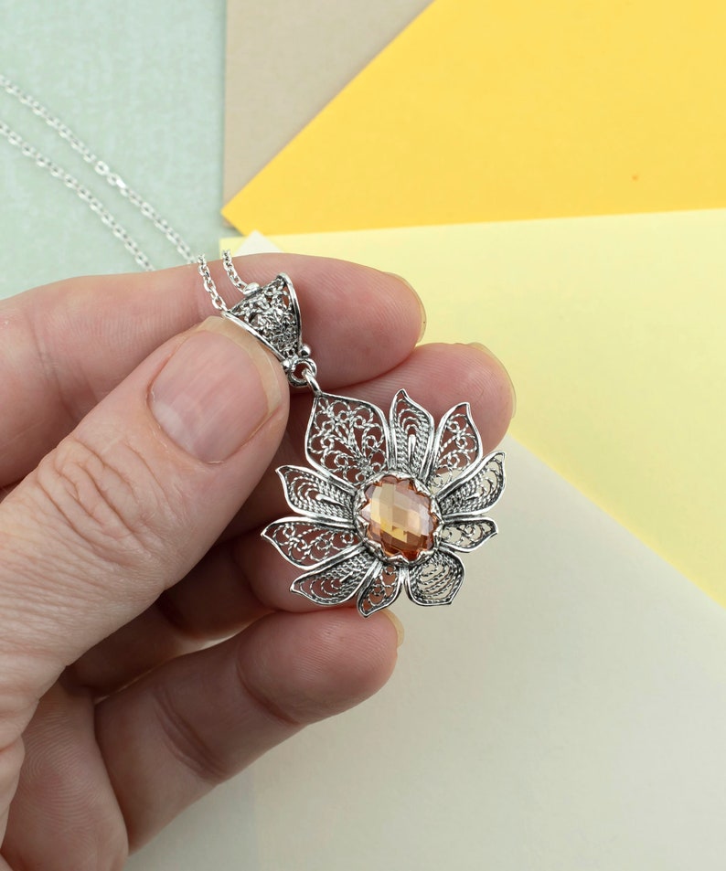 Sterling Silver Filigree Lotus Flower Orange Zircon Women Pendant ...