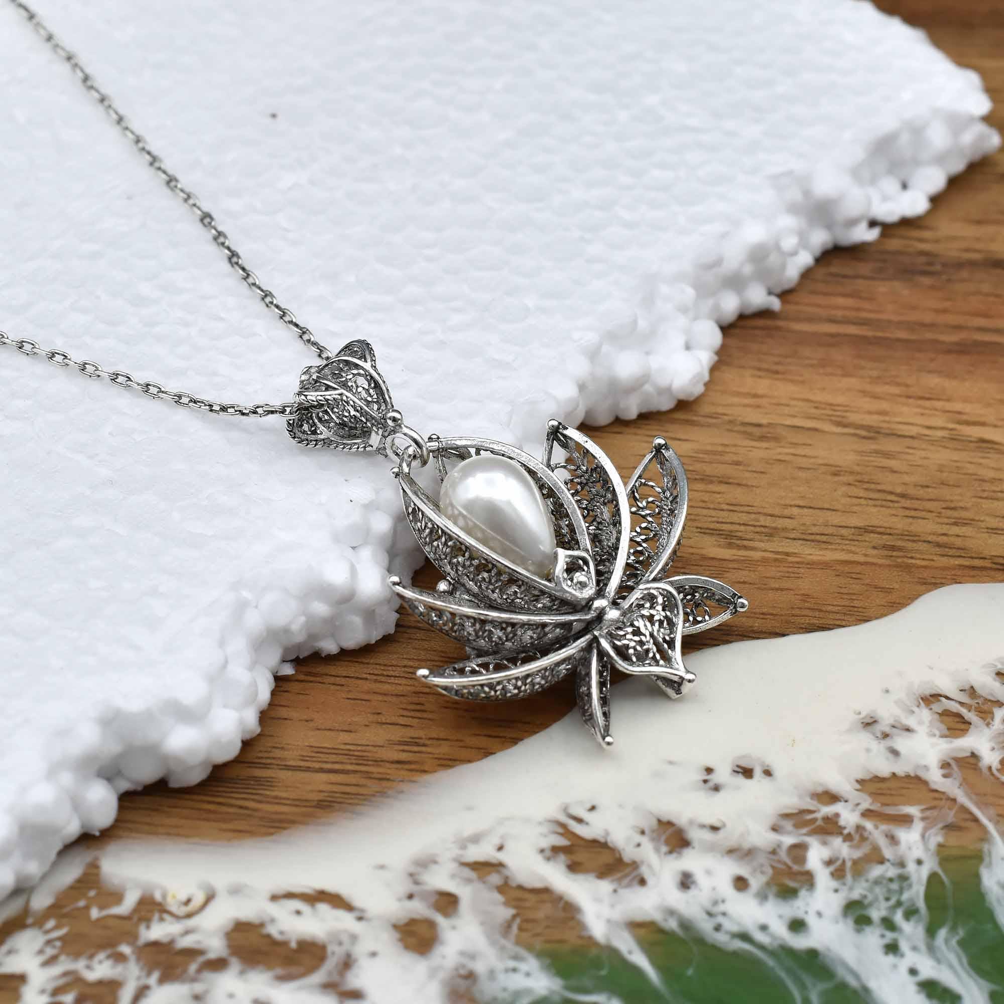 Pearl Sterling Silver Filigree Lotus Flower Pendant Necklace - Etsy