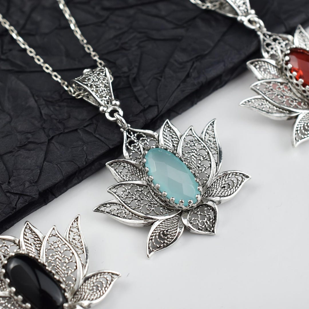 Sterling Silver Filigree Lotus Flower Aqua Chalcedony Women Pendant ...