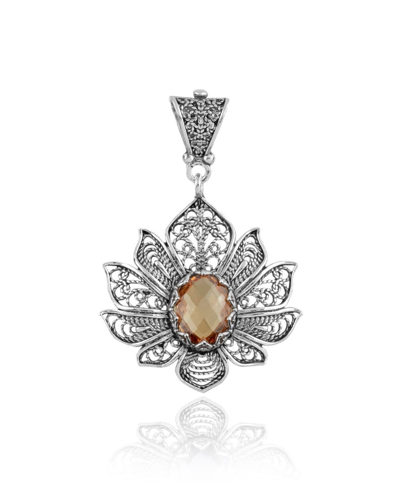 Sterling Silver Filigree Lotus Flower Orange Zircon Women Pendant ...