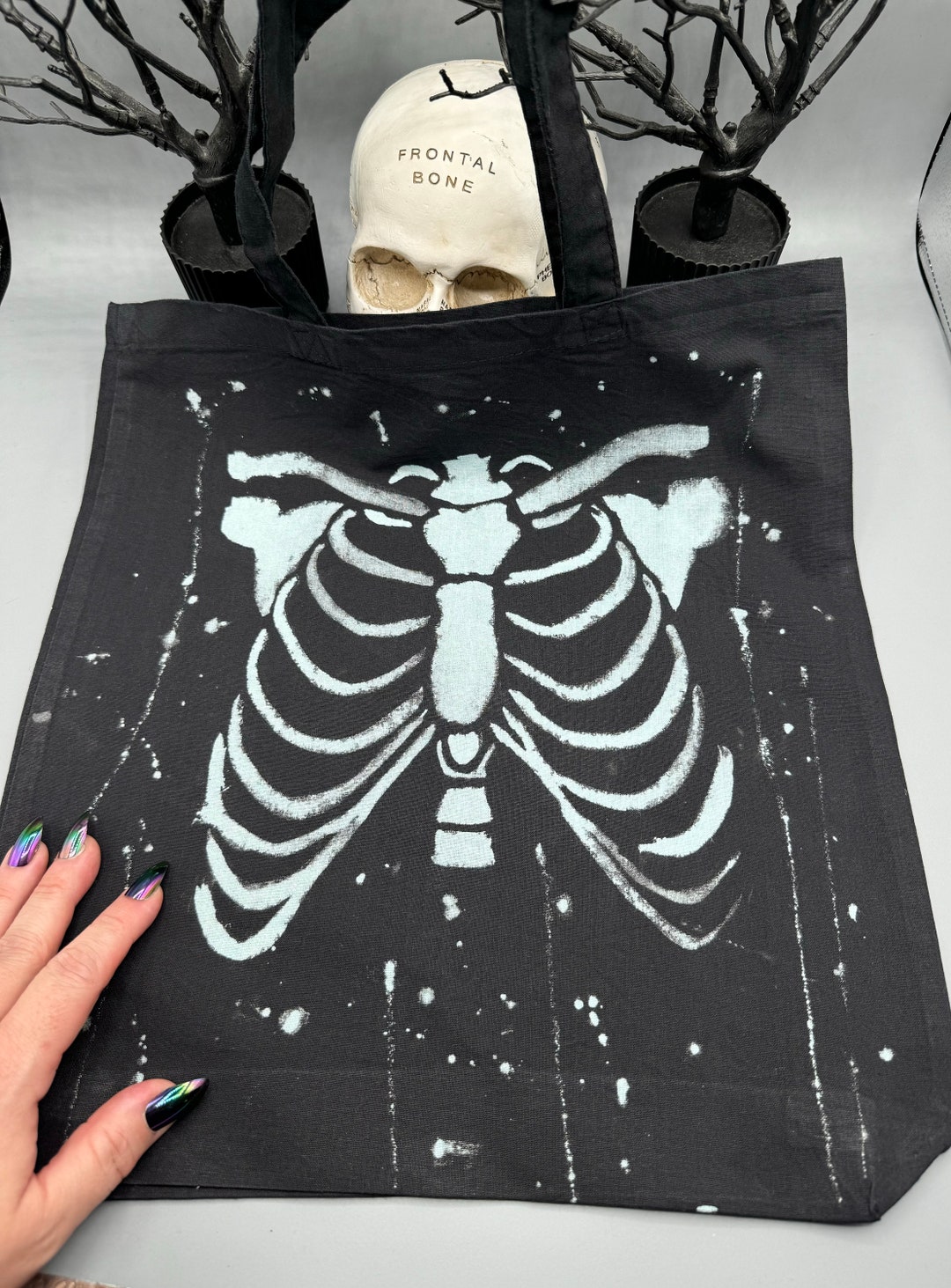Hand Painted Bleach Splatter and Drip Ribcage Tote Bag, Re-useable ...