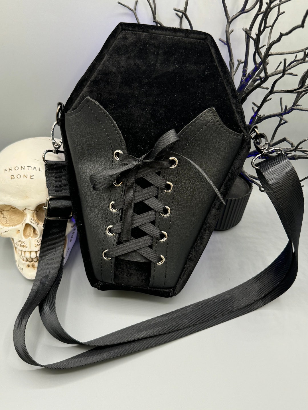 Black Velvet Coffin Bag: Corset Tie, Goth Purse - Etsy