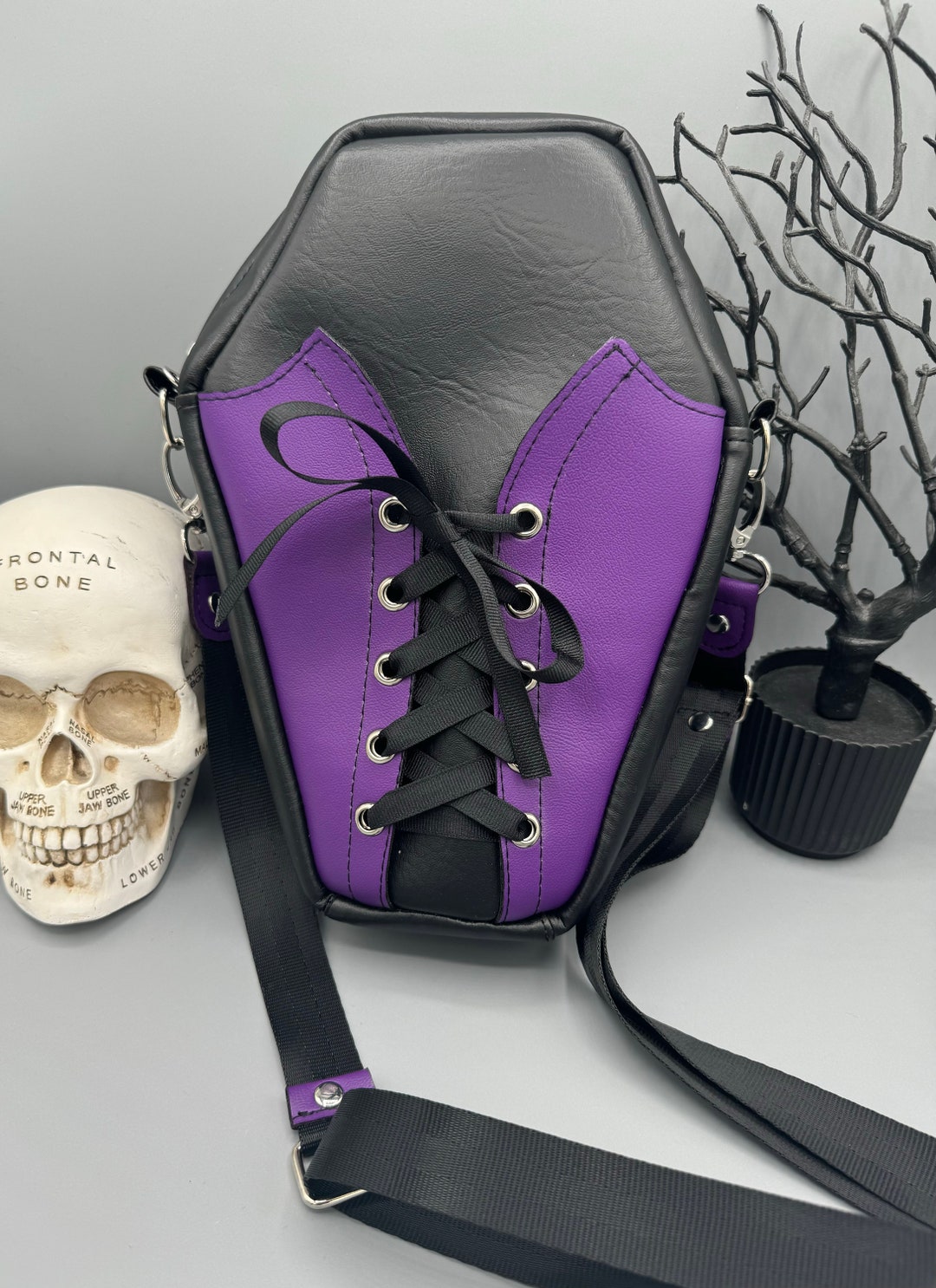 Goth Coffin Bag, Purple and Black Corset Tie, Embellished Strap - Etsy