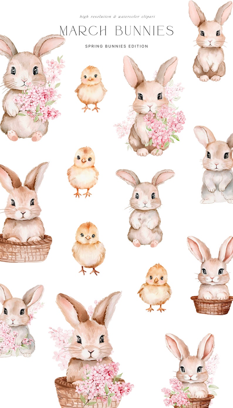 Spring Floral Bunnies Clipart Spring Bunnies Watercolor Floral Bunnies ...