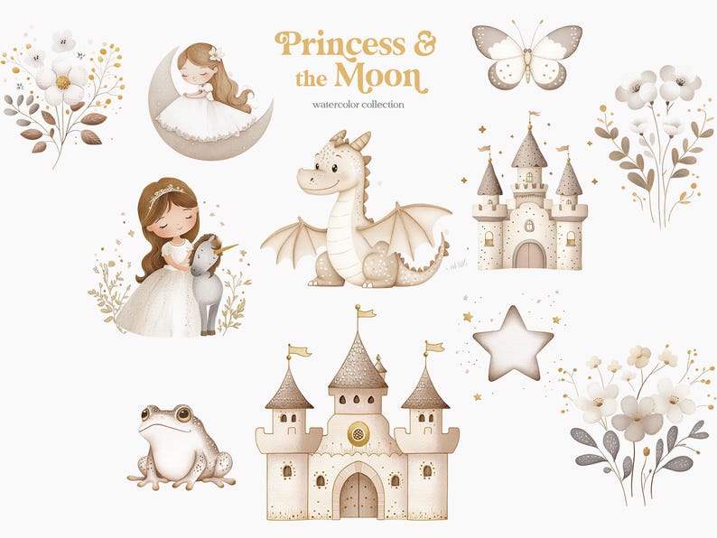 Watercolor Princess and Unicorn Clipart - Moon and Princess Clipart ...