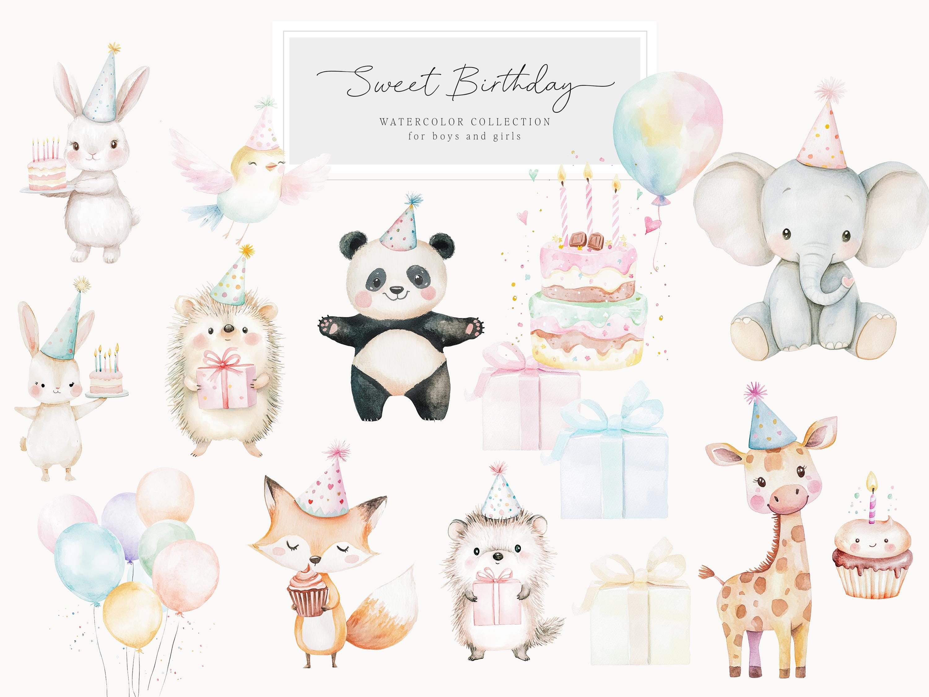 Watercolor Cute Birthday Clipart Collection With Cute Watercolor ...