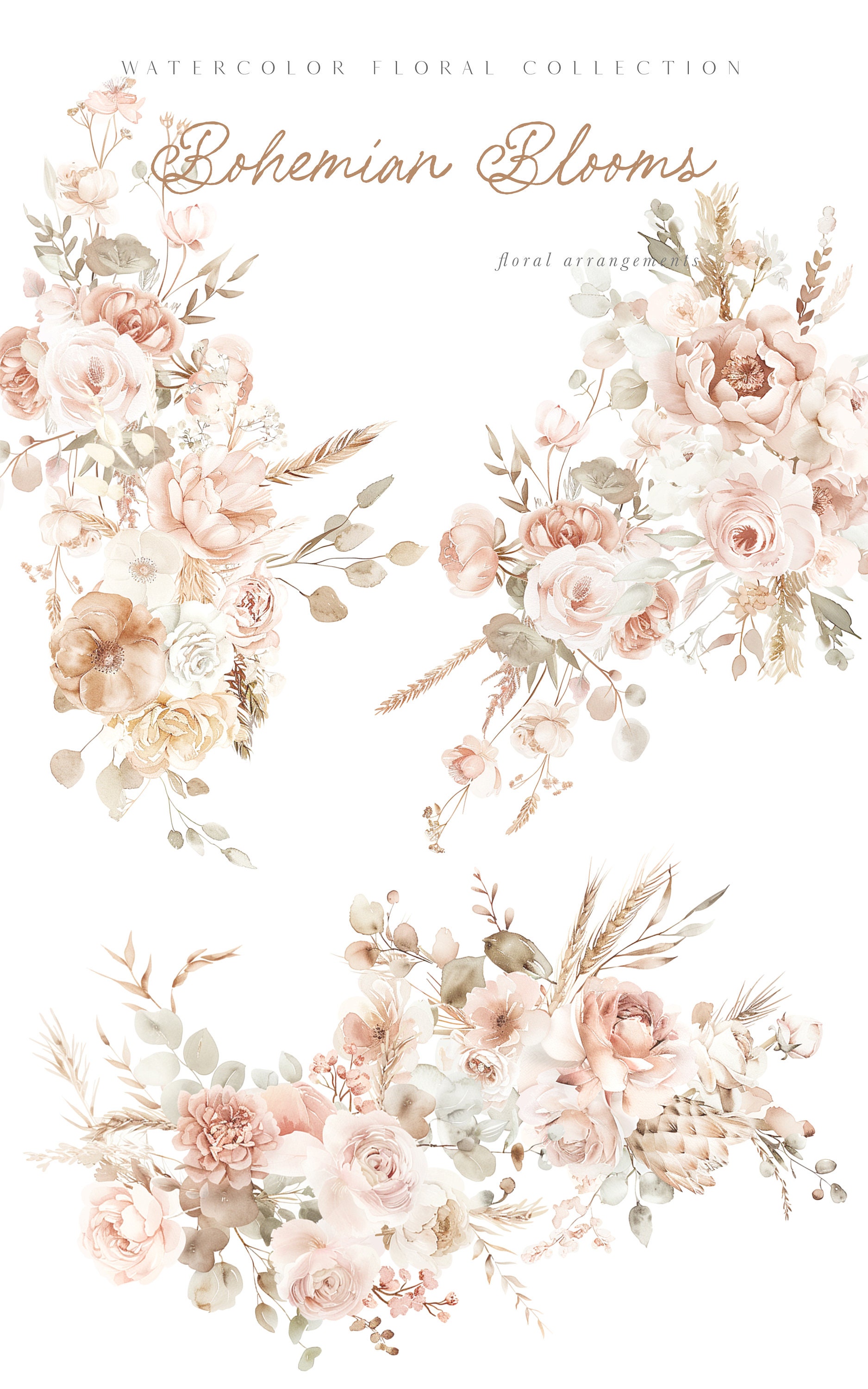 Bohemian Floral Bouquets Watercolor Clipart Watercolor Boho Florals ...
