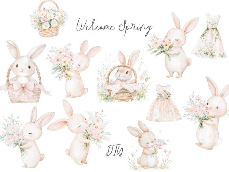 Cute Spring Watercolor Clipart - Bunny Clipart - Spring Nursery ...