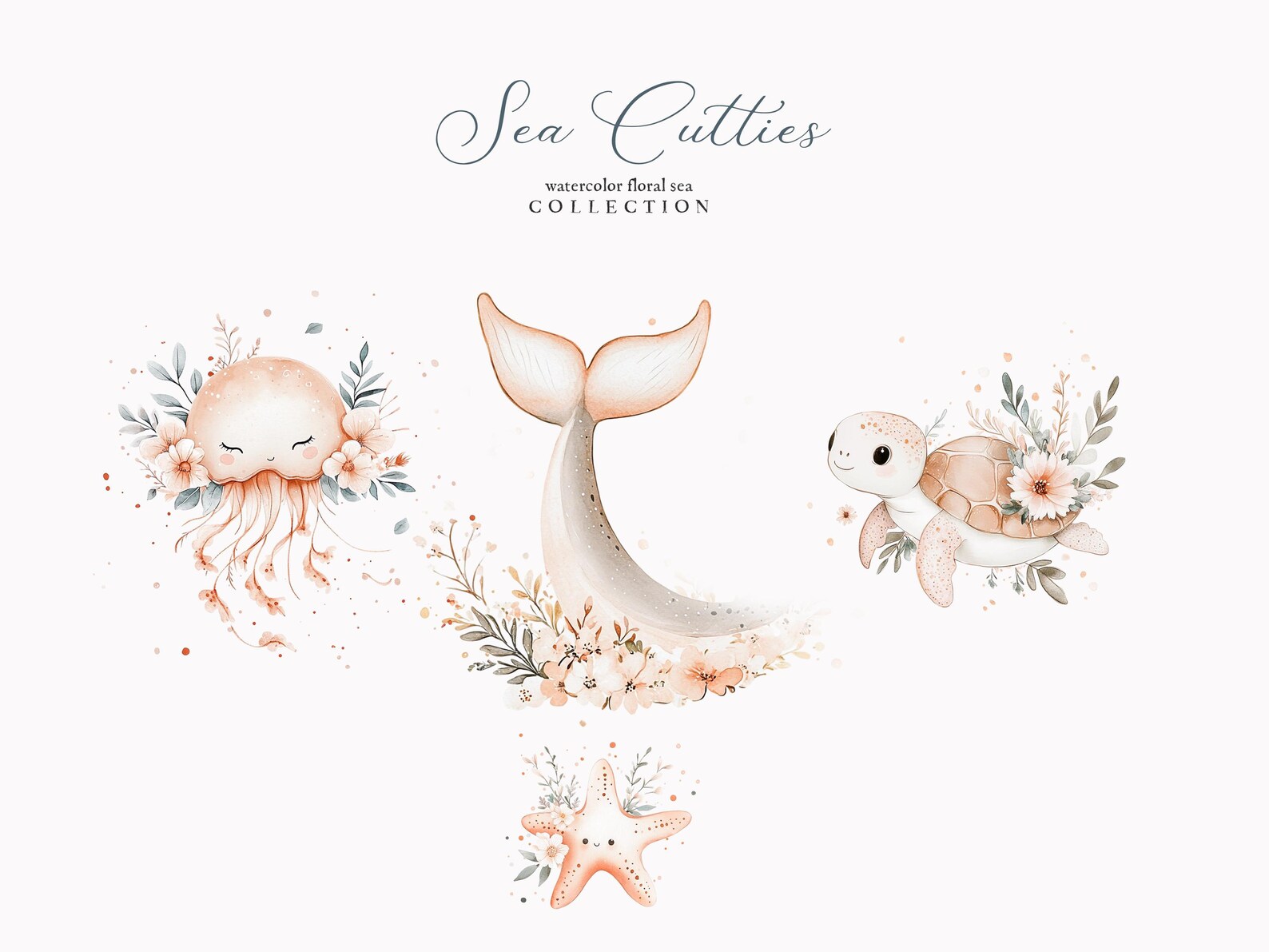 Watercolor Sea Creatures Clipart Set - Floral Sea Animals - Cute Sea ...