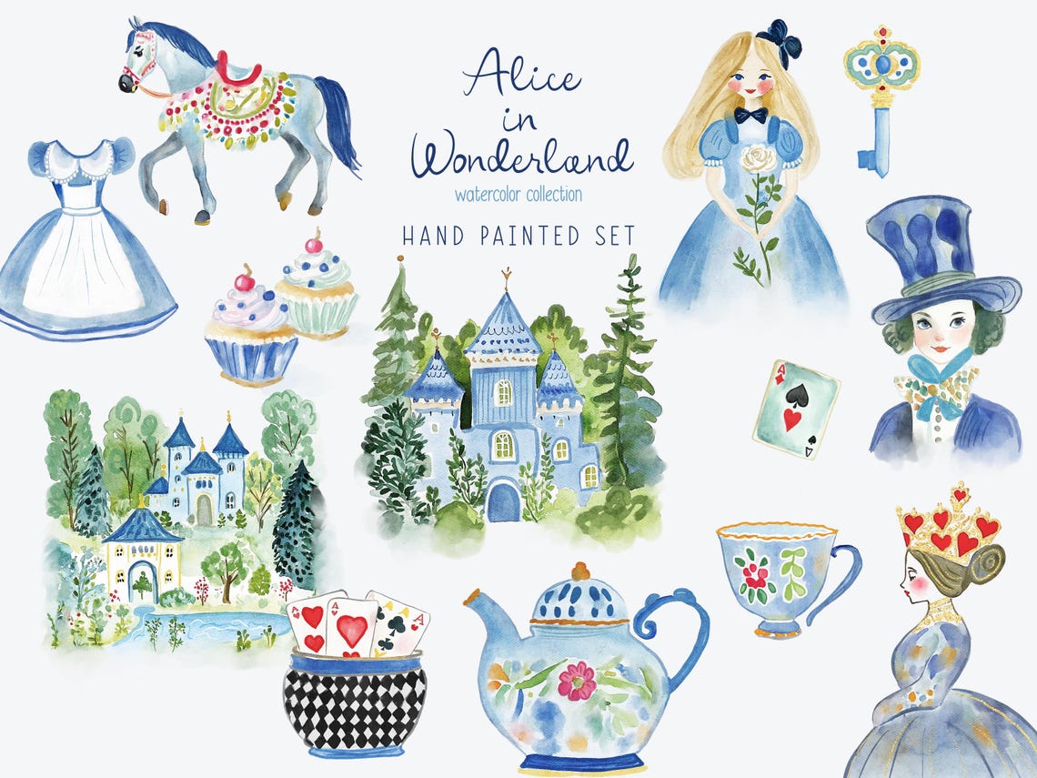 Watercolor Hand Painted Alice in Wonderland Collection - Whimsical ...