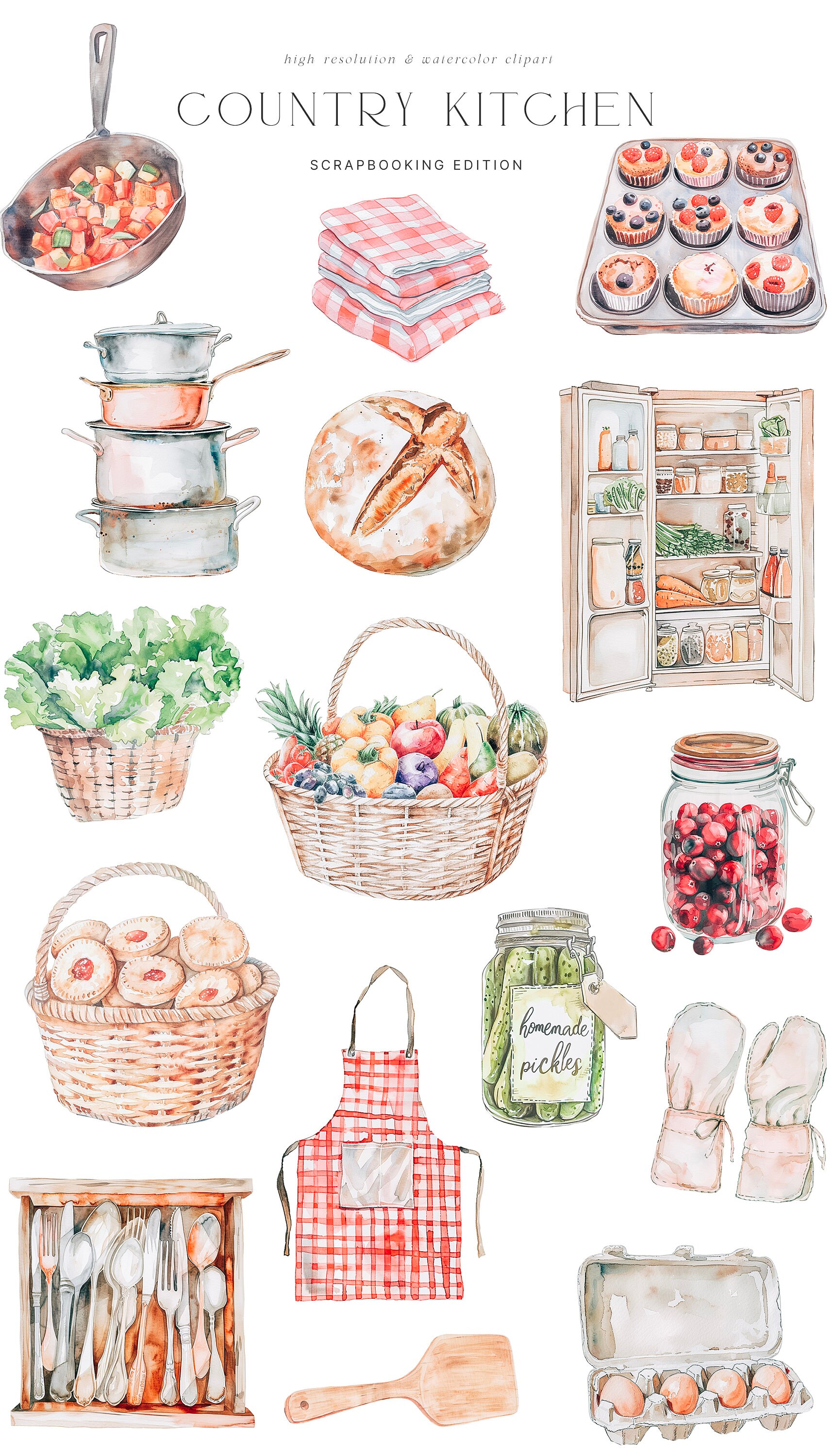 Country Kitchen Watercolor Clipart Kitchen Clipart Vintage Clipart ...